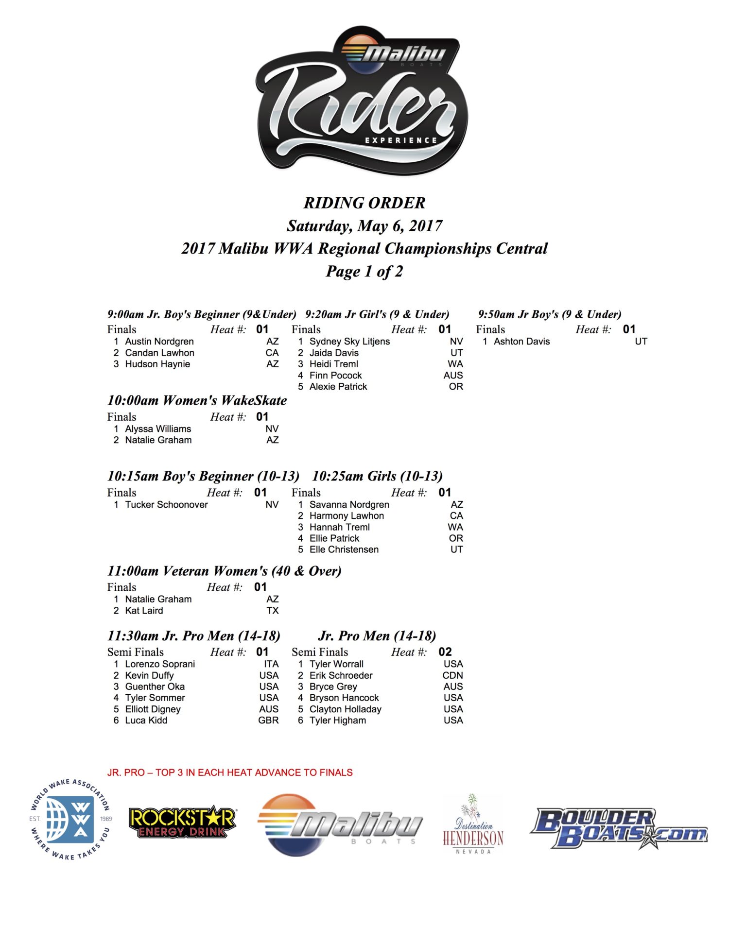 RIDING ORDER: Malibu WWA Central Regional Championships – World Wake ...